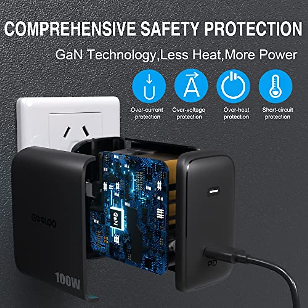 GOOLOO 100W USB C Wall Charger with Eva Protection Case for GT3000 GT4000 GT4000S, 100W PD GaN2 Fast Wall Charger Block with 6.6ft Cable, Compatible with MacBook iPad iPhone 14/13 Series and More