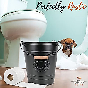 Autumn Alley Farmhouse Bathroom Trash Can - Rustic Black Trash Can Bucket with Wooden Handle for Rustic Bathroom, Farmhouse Kitchen, Country Home Décor, 7 Liters, Matte Black