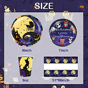 Halloween Welcome Little Nightmare Baby Shower Decorations,Little Nightmare Tableware Include Plates,Cups and Tablecloth for Baby Shower Party Decorations(Serve 16)