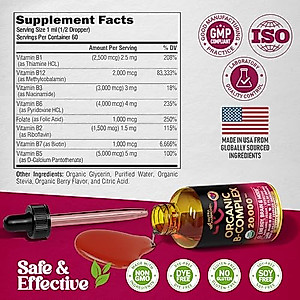 USDA Organic Vitamin B-Complex B5 Pantothenic Acid | B12 Methylcobalamin | B1 Thiamine | B6 Pyridoxine | B7 Biotin | B9 Folic | B3 Niacinamide - B Complex Liquid Drops, Made in USA Supplement, 2fl oz