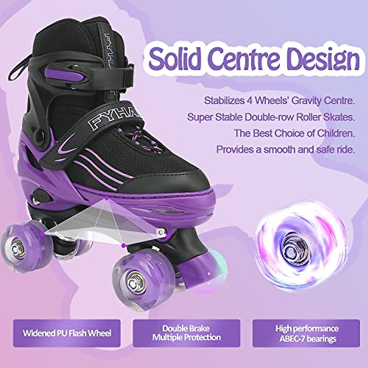 SYXKJ Roller Skates for Girls 8 Wheels Light Up Fun Illuminating Kids Roller Skates Happy Childhood Kids Skates 4 Sizes Adjustable (Big Kids 1-4)