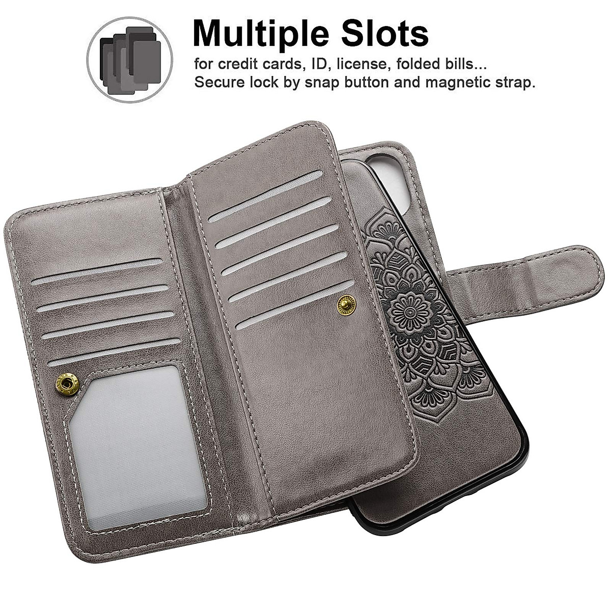 Vofolen Case for iPhone XR Case Wallet Card Holder Leather PU Flip Cover Folio Detachable Magnetic Slim Shell Dual Layer Heavy Duty Protective Bumper Armor Wristband for iPhone XR 10R Mandala Grey