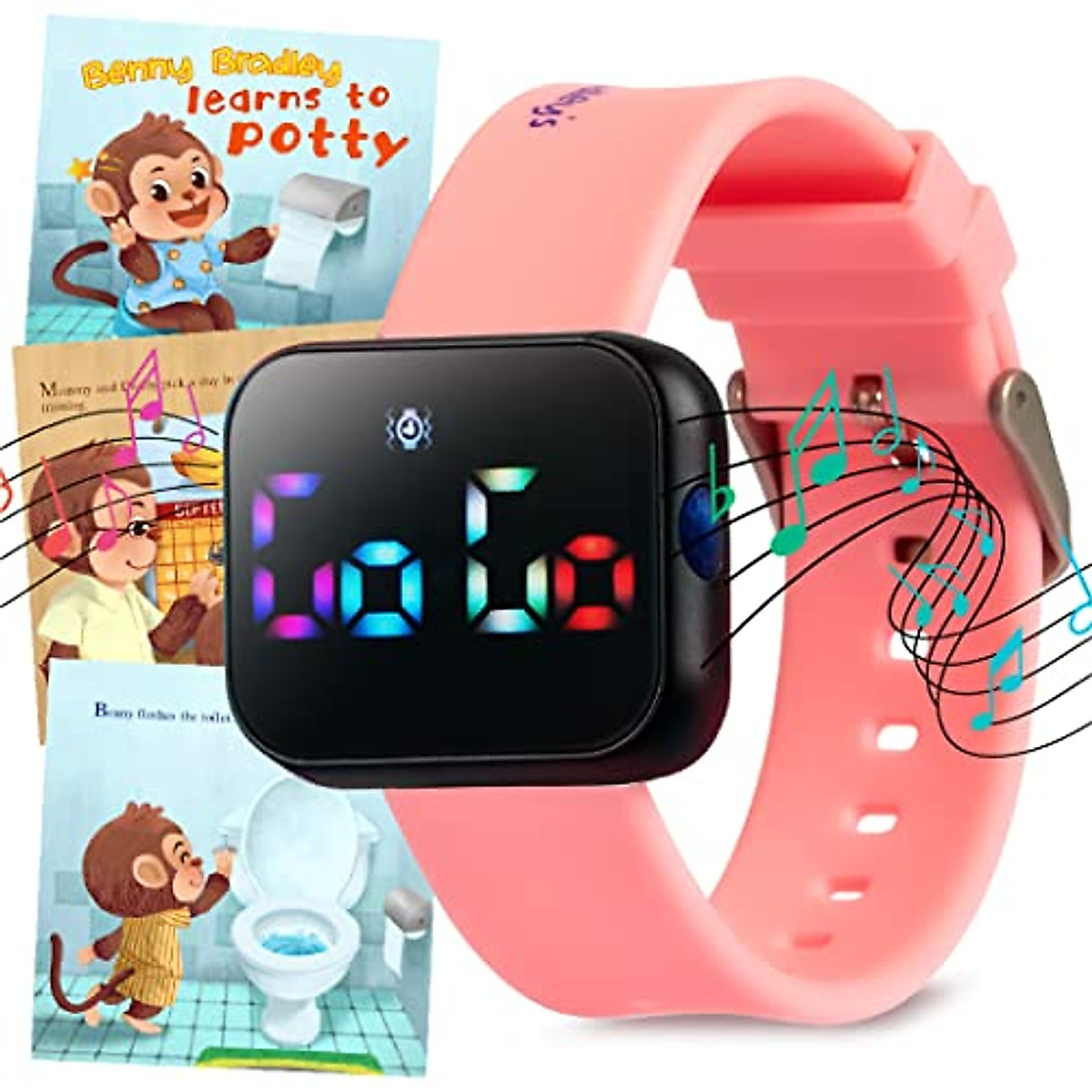 Potty Training Watch for Kids V2 – A Water Resistant Potty Reminder Device for Boys and Girls to Train Your Toddler with Fun/Musical and Vibration Interval Reminders with Potty Training eBook (Pink)