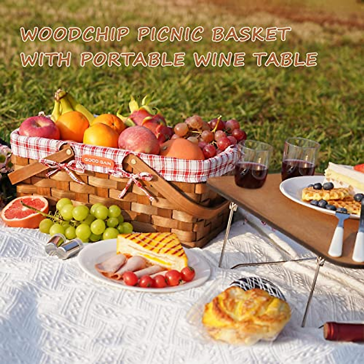 Woodchip Picnic Basket for 4 with Portable Wine Table, Woven Basket with Double Swing Handles & Removable Cutlery Service Kit, Large Basket for Picnic, Camping, Family, Wedding Gifts for Couple,Red