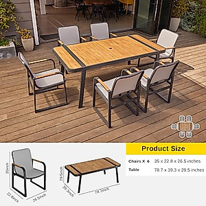 EAST OAK Signature 7 Pieces Outdoor Dining Set, Patio Furniture Set with Finest Teak Wood, Powder-Coated Aluminum Frame Table and Teslin Fabric Chairs, Patio Dining Set for Garden and Yard, Dark Grey