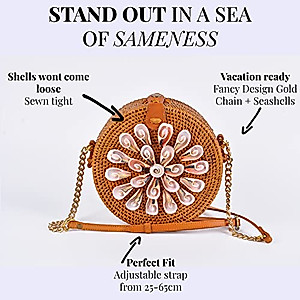 Outlavish Rattan Round Woven Straw Purse Bag, Seashells Trendy 2022, Crossbody Shoulder + Adjustable Strap For Women, Summer Beach (20cm Round, Brown)