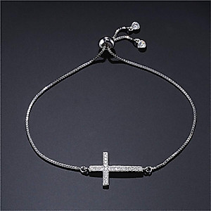 NEWBUY Classic Design AAA+ Cubic Zirconia Cross Charm Bracelets For Women Adjustable Copper Chain Bracelet & Bangle Christian Jewelry Baptism Gift (white Gold Plated)