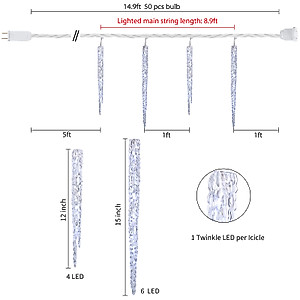 Christmas Icicle Lights with Clips, 10 Tubes 50 LED 15" LED Crystal Ice Falling String Lights, 36 Sets Connectable Waterproof Hanging Christmas Lights Plug in for Winter Roof Holiday Outdoor Decor