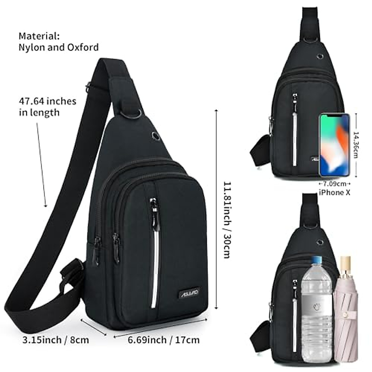 Aisijimo Sling Bag for Men,Compact 6L Small Crossbody Nylon Bag Anti-theft Pockets,Reflective Tape,Casual Daypacks,Black-903