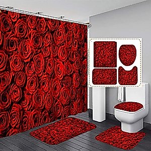 4PCS Rose Bathroom Shower Curtain Sets, Stylish Flower Bathroom Sets with Shower Curtain and Rugs, Toilet Lid Cover and Bath Mat, Artistic Shower Curtains with Hooks