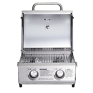 Monument Grills Tabletop Propane Gas Grill for Outdoor Portable Camping Cooking with Travel Locks, Stainless Steel High Lid, and Built in Thermometer