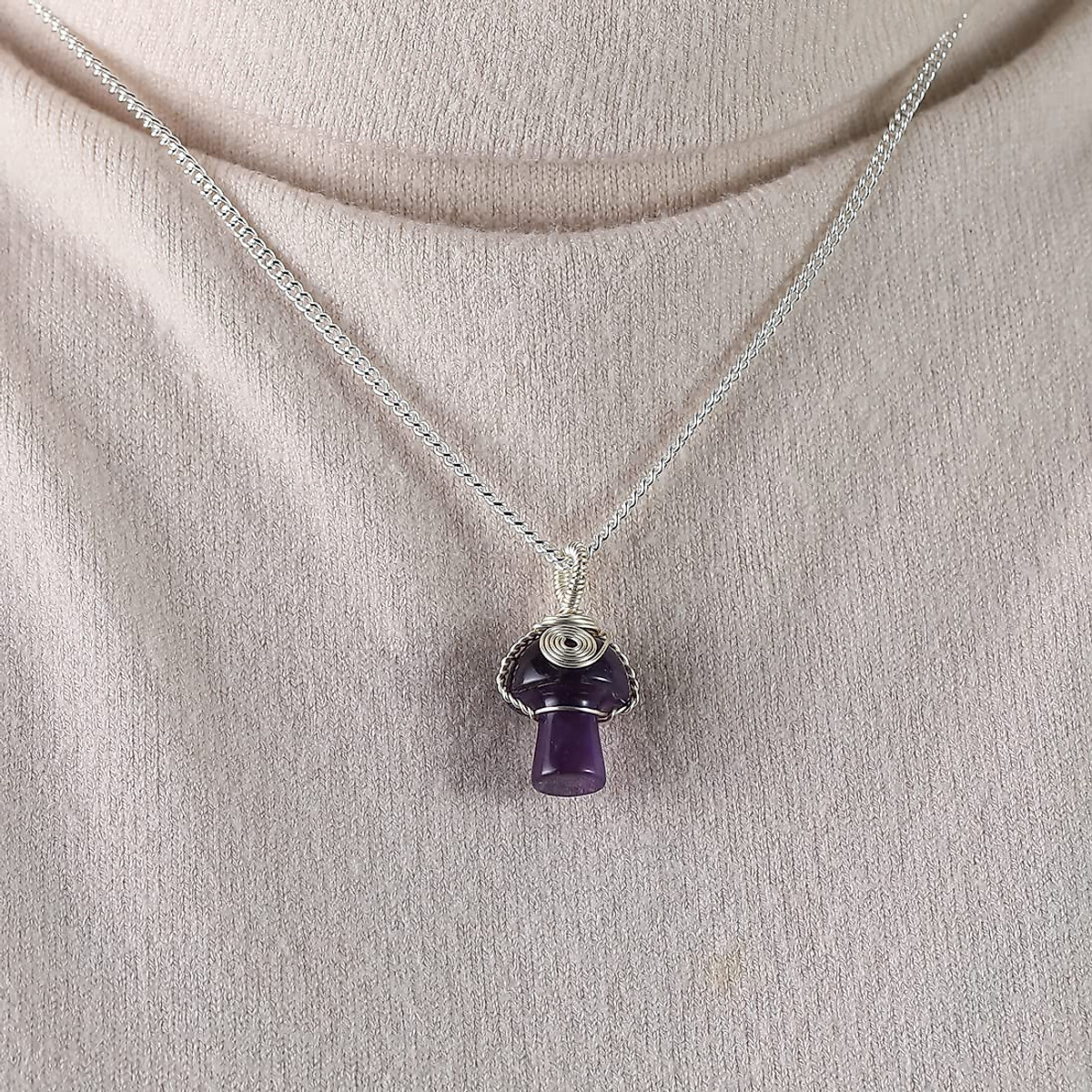 Tsnamer Mushroom Crystal Necklace Wire Wrapped Crystal Mushroom Pendant Necklace for Women Jewelry Gifts (Amethyst Silver)