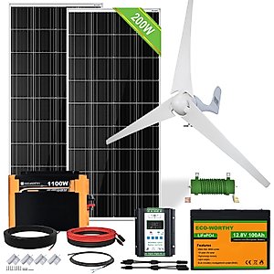 ECO-WORTHY 600W 2.4KWH Solar Wind Power Complete Off-Grid System: 1*400W Wind Turbine Generator + 2*100W Mono Solar Panel + 1*100AH Lithium Battery + 1*1100W Inverter for Home, Farm, Cabin Garden
