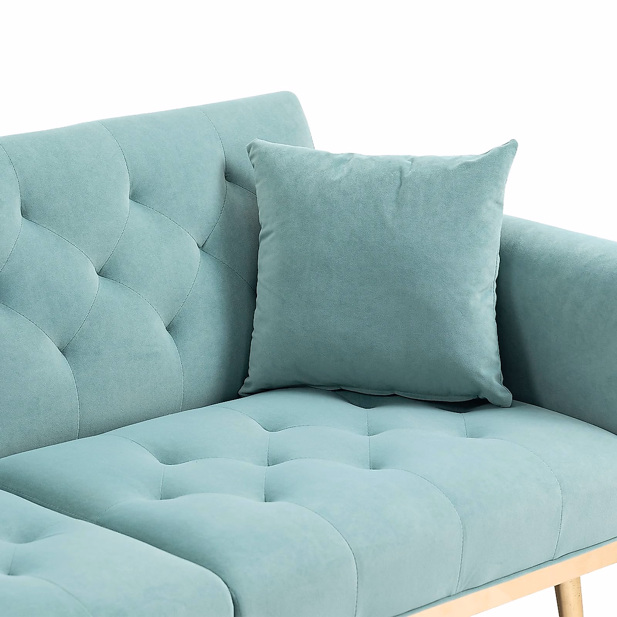EXZLFA Velvet Sofa Couch,Convertible Sleeper Sofa Bed with Gold Metal Legs and 2 Pillows,Folding Futon Accent Upholstered Loveseat for Living Room Bedroom Office (Mint Green Polyester)