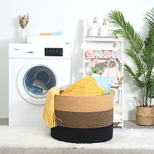 MINTWOOD Design XXXXLarge 22 x 16 Inches Decorative Cotton Rope Basket, Blanket Basket Living Room, Laundry Basket, Woven Basket, Round Toy Storage Baskets Bin for Pillows, Towels, Black Jute