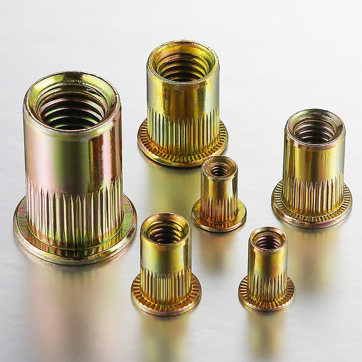 Wensilon 200Pcs Rivet Nut 1/4-20UNC Yellow Zinc Plated Finish Flat Head Rivnut Threaded Insert Nut Knurled Body