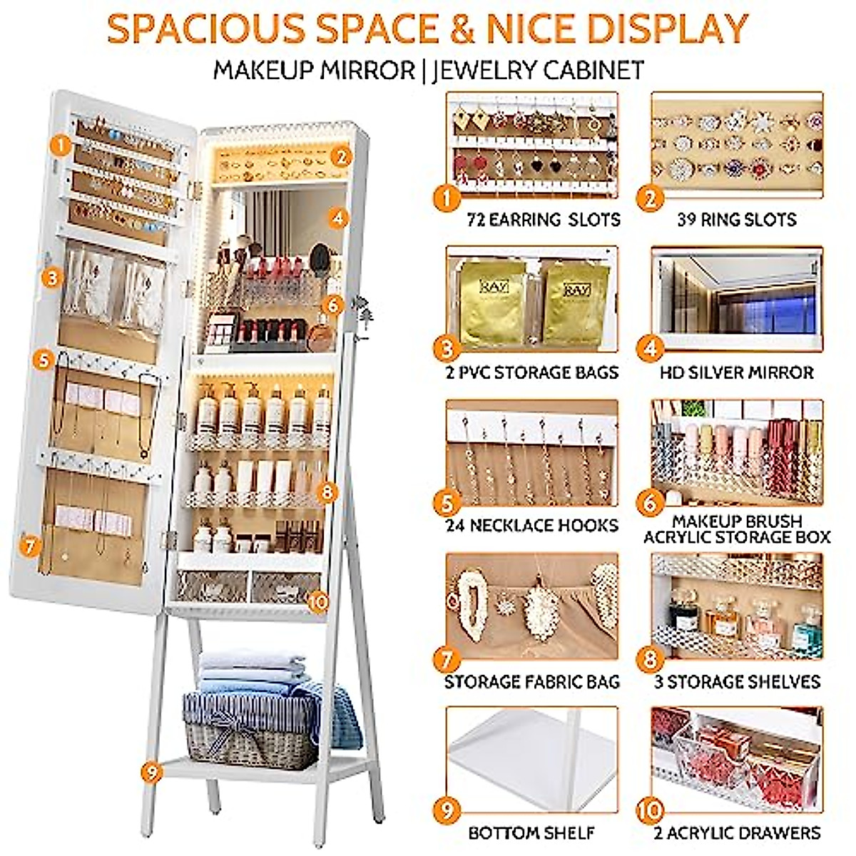 LVSOMT LED Jewelry Mirror Cabinet Armoire, Free Standing Full-Length Mirror with Jewelry Storage, Lockable Jewelry Storage Organizer, w/ 2 Drawers, Bottom Shelf, Built-in Lighted Makeup Mirror, White