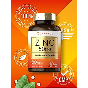 Zinc 50mg | 300 Tablets | Vegetarian, Non-GMO, and Gluten Free Supplement | Zinc Gluconate | High Potency Formula | by Carlyle
