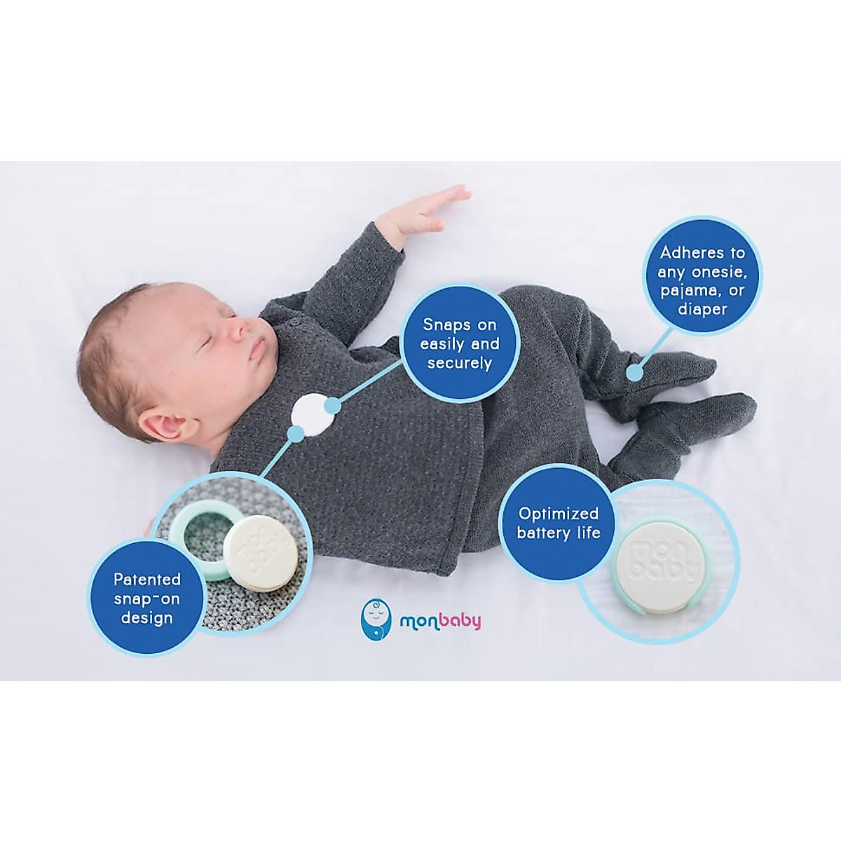 MonBaby Smart Baby Movement Monitor: Tracks Abdominal Movement, Feeling Temperature, Rollover, and Sleeping Position. Real-Time Alerts to Smartphone. HSA and FSA Approved.