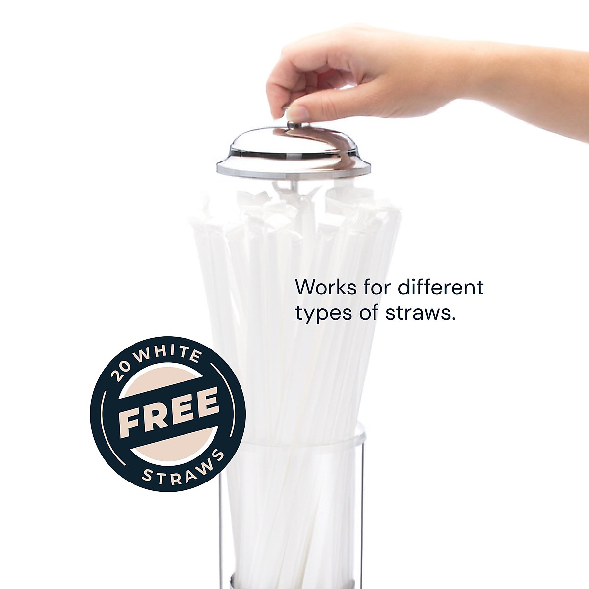 SimplyImagine Acrylic Straw Holder- 13 Inch Tall Drinking Straw Dispenser for Smoothie Tubes, Retro Reusable Storage Container of House Supplies- Metal Base and Lid with 20 Clear Straws in White Pack