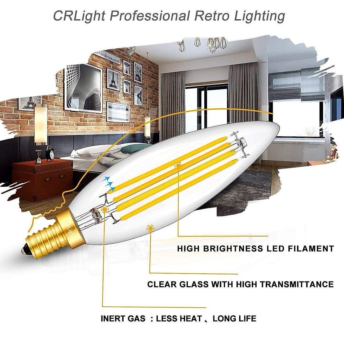 CRLight 8W Smooth Dimmable LED Candelabra Bulb, 3000K Soft White 800 LM 80W Incandescent Equivalent, E12 LED Filament Candle Bulbs, Large Size B11 Clear Torpedo Shape, 6 Pack