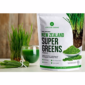 Antler Farms - 100% Pure Organic New Zealand Super Greens Powder, 40 Servings, 200g - Wheat Grass, Barley Grass, Chlorella, Spirulina - Vegan, Gluten Free, Chlorophyll Rich, for Energy and Detox