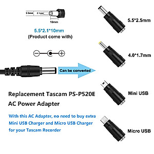 5V AC Power Adapter for Tascam PS-P520E DR-40 DR-05 DR-22WL DP-008EX DP-006 DP-004 DR-07 DR-100; Zoom Q3, Q3HD, R16, R24, H4n, H4n PRO Handy Recorder AD-14A/D Charger Power Adapter