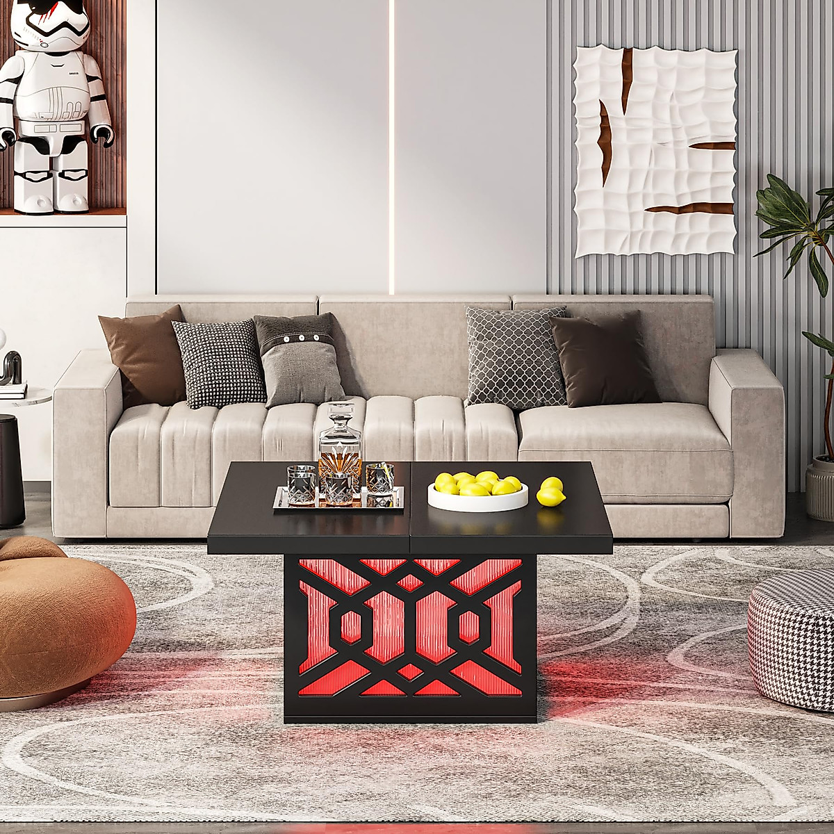 Tribesigns Coffee Table with LED Lights, Modern Square Cocktail Table with Storage, Center Table Living Room Furniture, Black