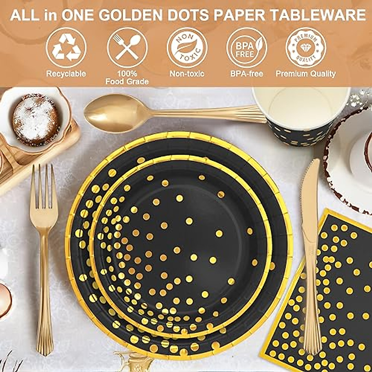 Black and Gold Party Supplies-Golden Dot Paper Plates,Black Napkins&Cups and Plastic Utensils,Gold Rim Disposable Paper Tableware for Birthday,Retirement,Graduation,175Pcs,Serve 25