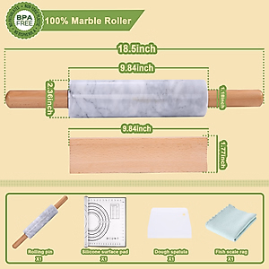 Aisiming Upgraded Marble Rolling Pin Set,Built-in Bearing,Polished 18-inch Roller,Easy Rolling,Beech Wooden Handles and Cradle,with Silicone Baking Mat,Dough Scraper,Easy to Clean(White)