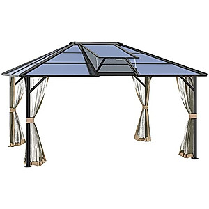 Outsunny 12' x 14' Hardtop Gazebo Canopy with Polycarbonate Sngle Roof, Outdoor Gazebo with Sidewalls for Patio, Garden, Backyard, Deck, Gray and Brown