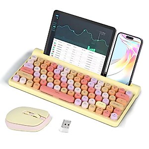 Apuode Wireless Keyboard and Mouse Combo, Bluetooth 5.0/3.0/2.4GHz, with Tablet Holder, Quiet Mute Button, Cute Retro Round Keycaps, Replaceable Battery, for PC, Mac, Laptop, Tablet