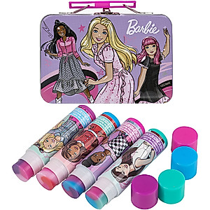 Barbie – Townley Girl Plant Based 4 Pk Swirl Lip Balm with Tin Case Makeup Cosmetic Set for Kids and Girls, Ages 3+, Perfect for Parties, Sleepovers & Makeovers