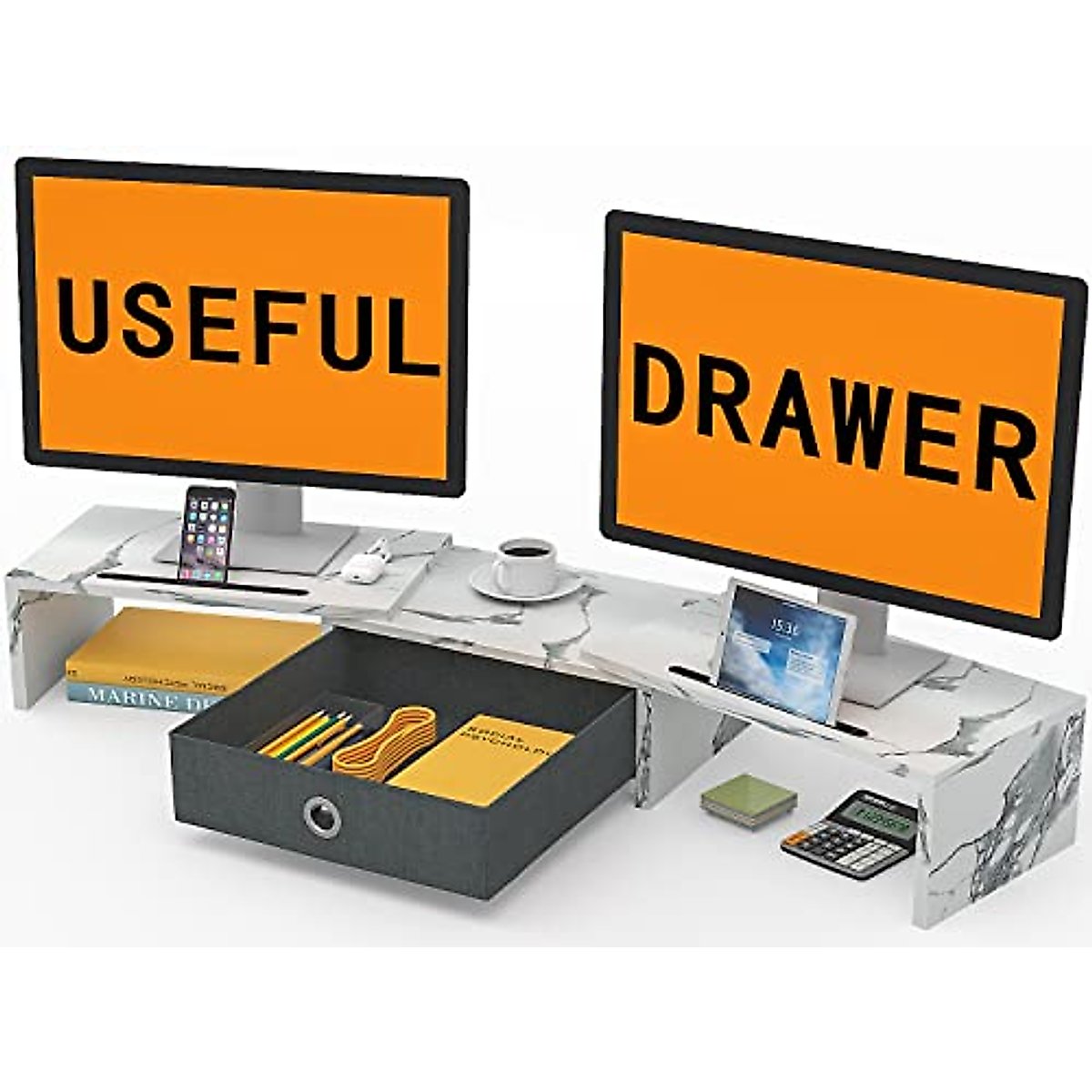 WESTREE Dual Monitor Stand Riser with Drawer-Monitor Stand Riser for 2 Monitors, Adjustable Length and Angle, 2 Phone Hold,Desktop Organizer Stand for Computer/Laptop/PC/Printer