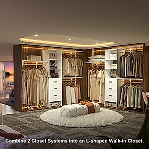 Armocity 96 Inches Closet System, 8FT Walk In Closet Organizer with 3 Shelving Towers, Heavy Duty Clothes Rack with 3 Drawers, Built-In Garment Rack, 96" L x 16" W x 75" H, Max Load 1000 LBS, White