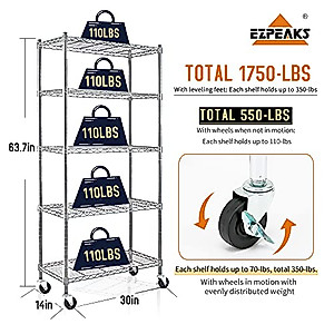 EZPEAKS Chrome 5-Shelf Shelving Unit on 3'' Wheels with Shelf Liners Set of 5, NSF Certified, Adjustable Heavy Duty Steel Wire Shelving Rack (30W x 14D x 63.7H) Pole Diameter 1 Inch