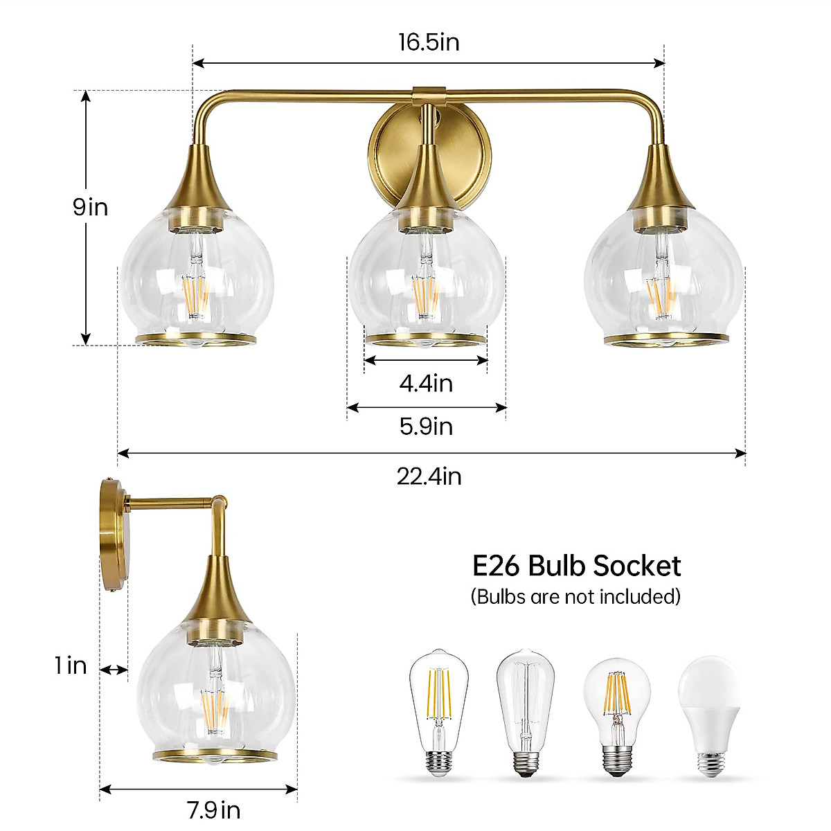 HAHZT Gold Bathroom Vanity Light 3-Lights Bathroom Light Fixtures Over Mirror with Clear Glass Shade 22.4 inch Wall Sconce Lighting Bath(Exclude E26 Bulb)