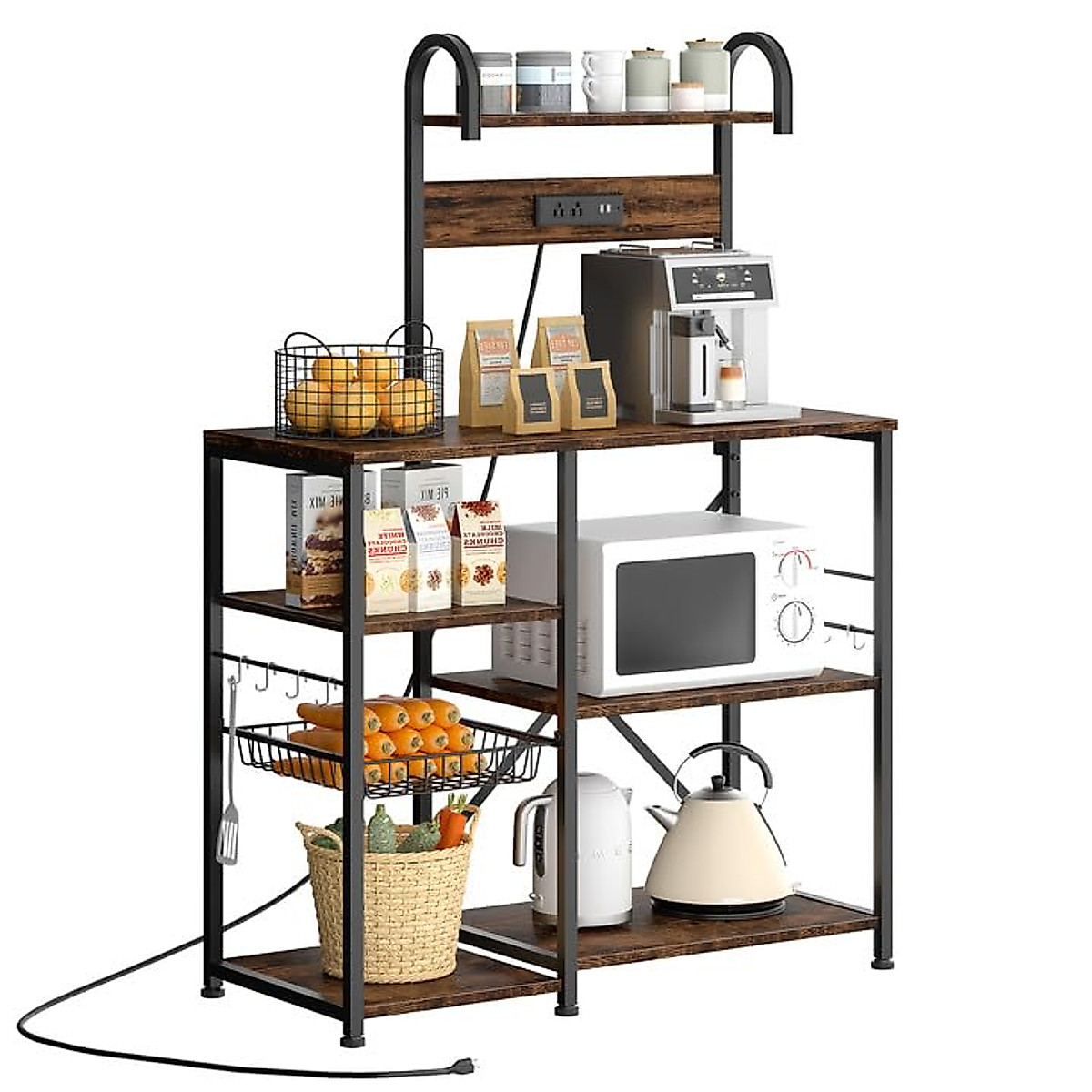 JAMFLY Bakers Rack with Power Outlet, Microwave Stand, kitchen Storage Shelf with 6 Hooks, Coffee Bar Station with Wire Basket, 6 Tier Kitchen Rack for Living Room, Spice, Pots and Pans Organizer