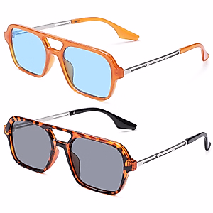 NULOOQ Retro 70s Flat Aviator Sunglasses for Women Men, Vintage Square Small Frame Shades Driving UV400 Protection (Leopard/Gray + Orange/Blue) - 2 Pack