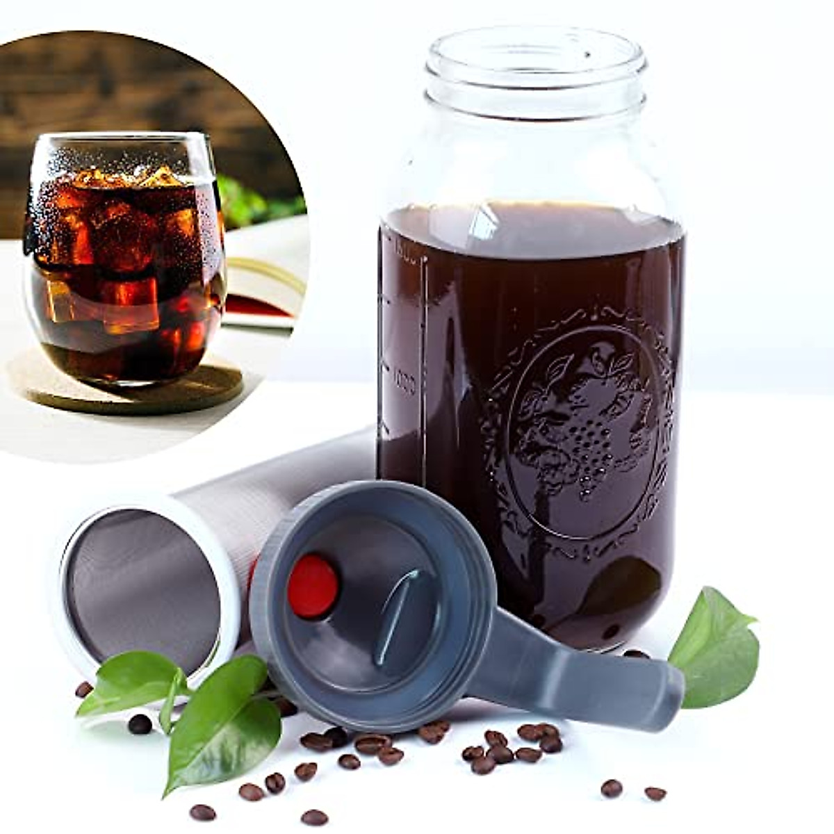 Cold Brew Coffee Maker Mason Jar Wide Mouth Iced Coffee Pitcher 32 Oz coffee container With Stainless Steel Coffee Filter For Iced Brew Coffee, Sun Tea, Lemonade, Iced Tea and homemade drinks