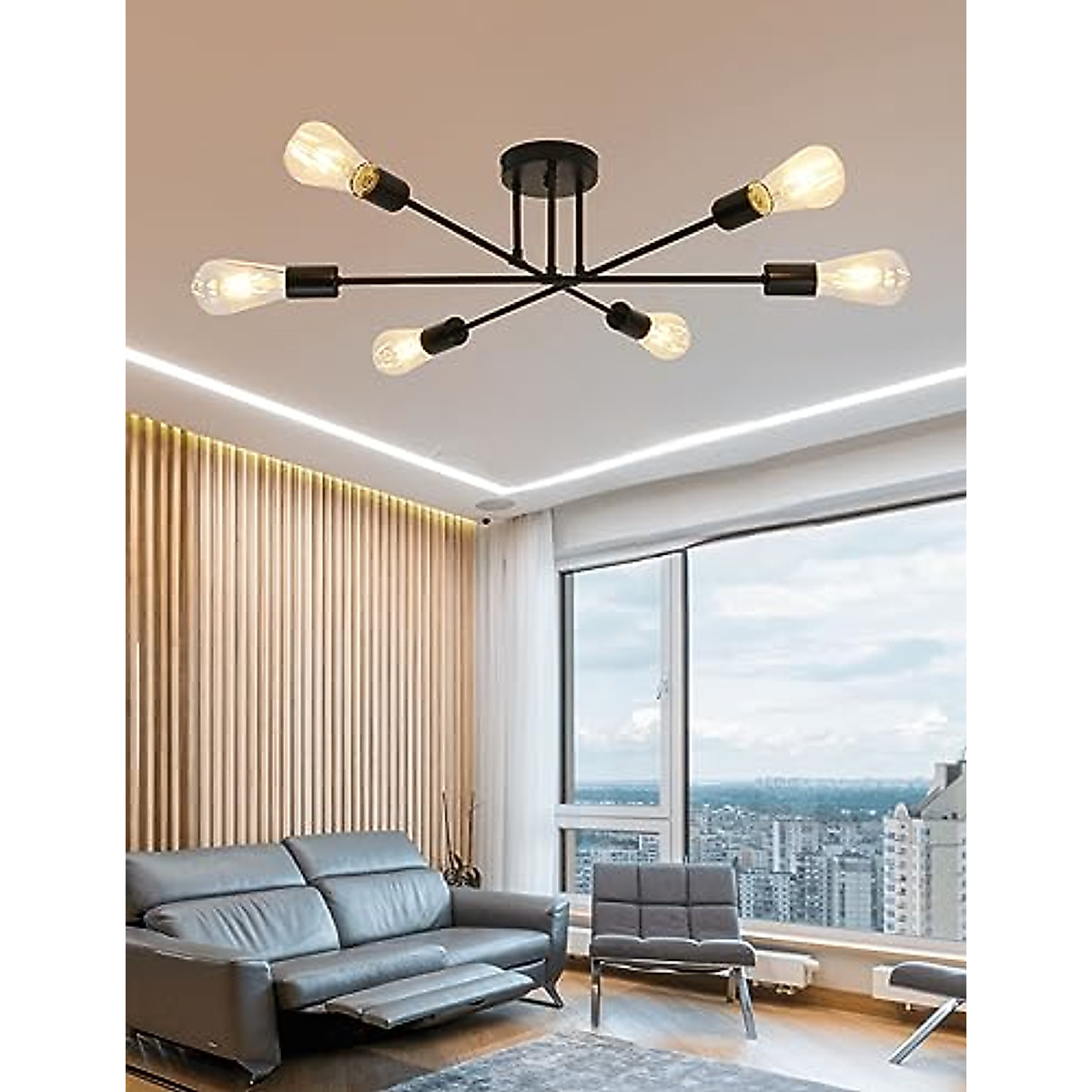 FLAMWILD Ceiling Light Fixture, Modern Sputnik Chandelier, Mid Century Industrial Lighting for Bedroom Kitchen Dining Living Room (Black)