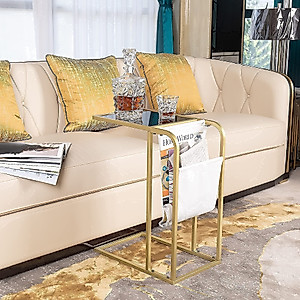 HAWOO Rectangle Nightstand, C Shaped End Snack Side Table Slide Under Couch with Glass Top and Storage for Sofa Coffee Laptop Living Room Bedroom Small Space, 18.5" L x 12" W x 24" H