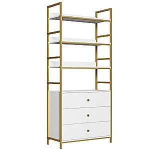 finetones Bookshelf with 3 Drawers, 71.2” Tall White and Gold Bookshelf with Open Shelves & Drawer to Display Flower for Home, Thickened Metal Frames