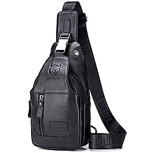 BULLCAPTAIN Genuine Leather Men Sling Crossbody Bag Chest Bags Travel Hiking Shoulder Backpack (Black)