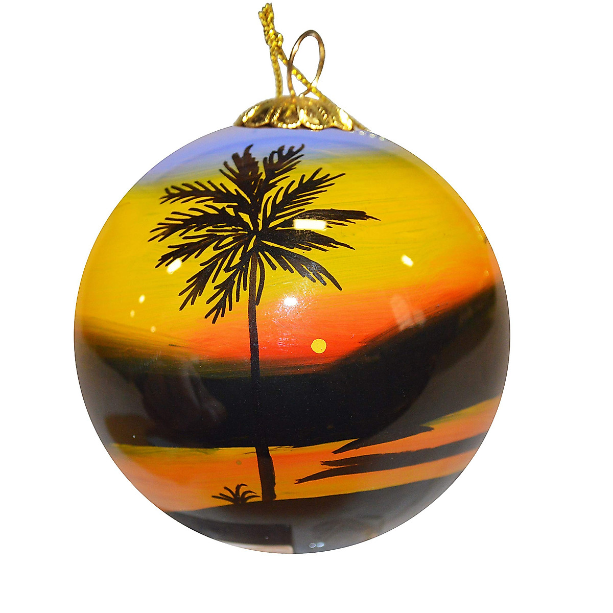 Blown Glass Christmas Ornament | Sunset Palm Trees and Seagulls | Hand Painted Inside | Original Art | Includes Gift Box