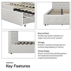 DHP Dakota Upholstered Platform Bed with Underbed Storage Drawers and Diamond Button Tufted Headboard and Footboard, No Box Spring Needed, Twin, White Faux Leather
