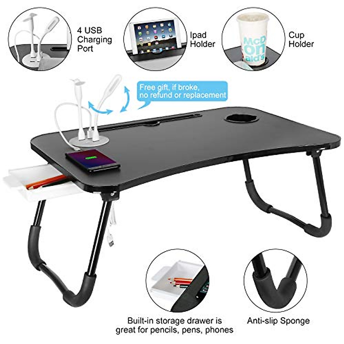 Laptop Desk, Astoryou Portable Laptop Bed Tray Table Notebook Stand Reading Holder with USB Charge Port/Cup Holder/Storage Drawer for Working on Bed/Couch/Sofa (Black)