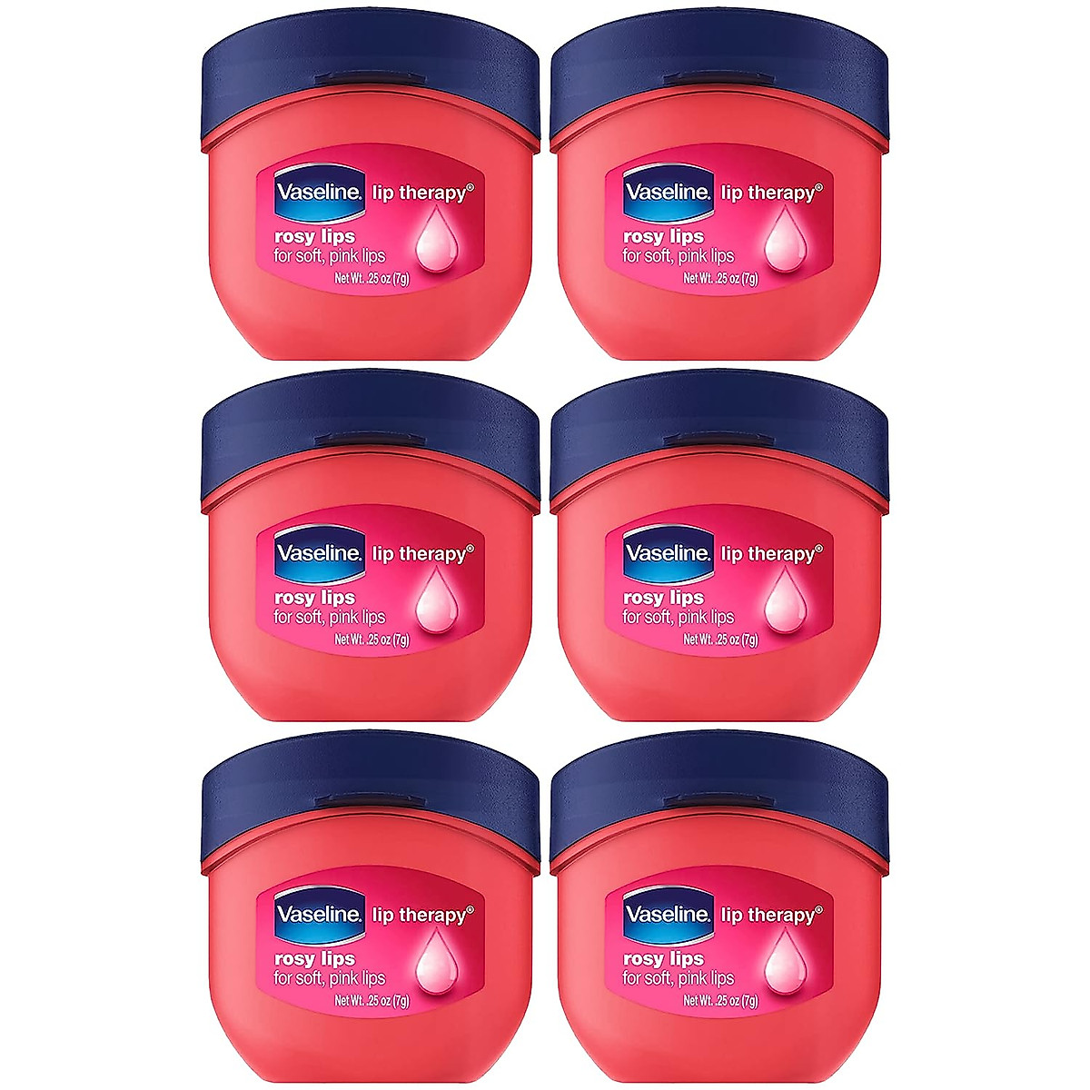 Vaseline Lip Therapy Rosy Lips Mini, Pure Petroleum Jelly, Advanced Moisture, Light Rose Fragrance, Sheer Pink Tint on Lips, Mini Vaseline Petroleum Jelly, Soft Vaseline Lips (Pack of 6-0.25 Oz Ea)