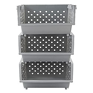 Easymanie 3 Pack Plastic Stackable Baskets, Open Front Stacking Storage Bins