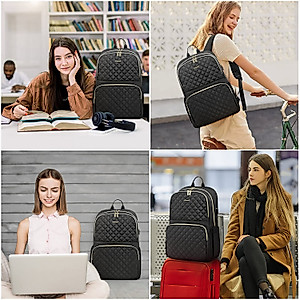 LOVEVOOK Laptop Backpack for Women, Quilted Laptop Bag Travel Backpack Purse With Anti-Theft Zipper, Stylish 15.6 Inch Work Computer Bags College School Bookbag with USB Charging Port, Black